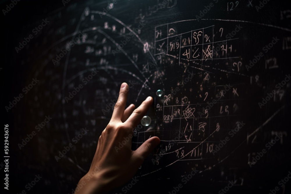 Hand on science formula and math equation abstract black board ...