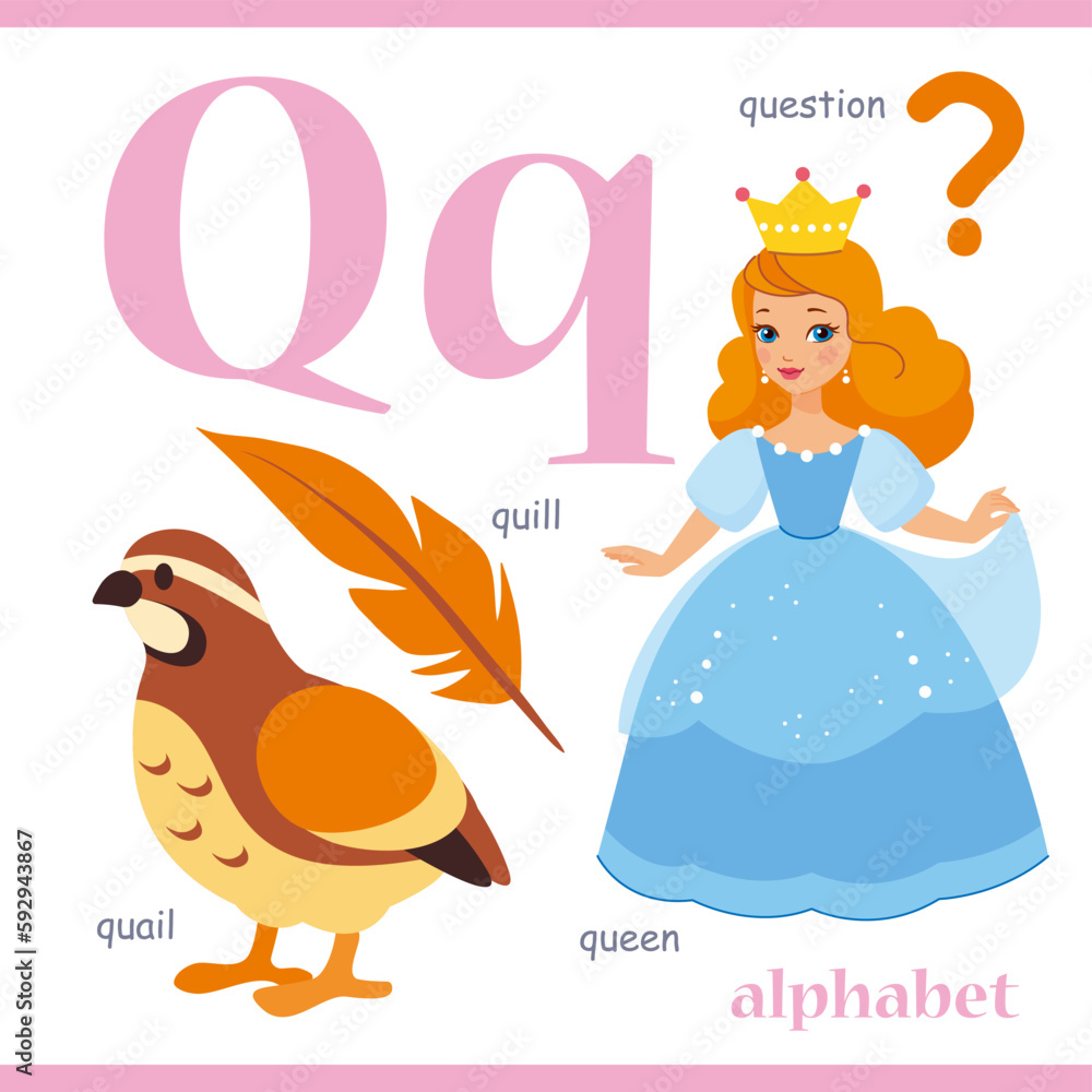 Alphabet letter Q with cartoon vocabulary illustration: queen, quail ...