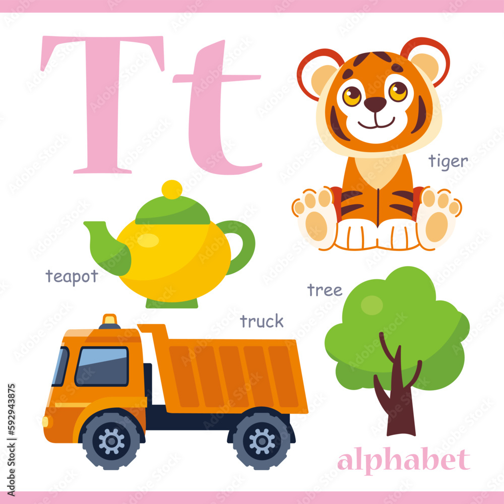 Alphabet letter T with cartoon vocabulary illustration: tiger, teapot ...