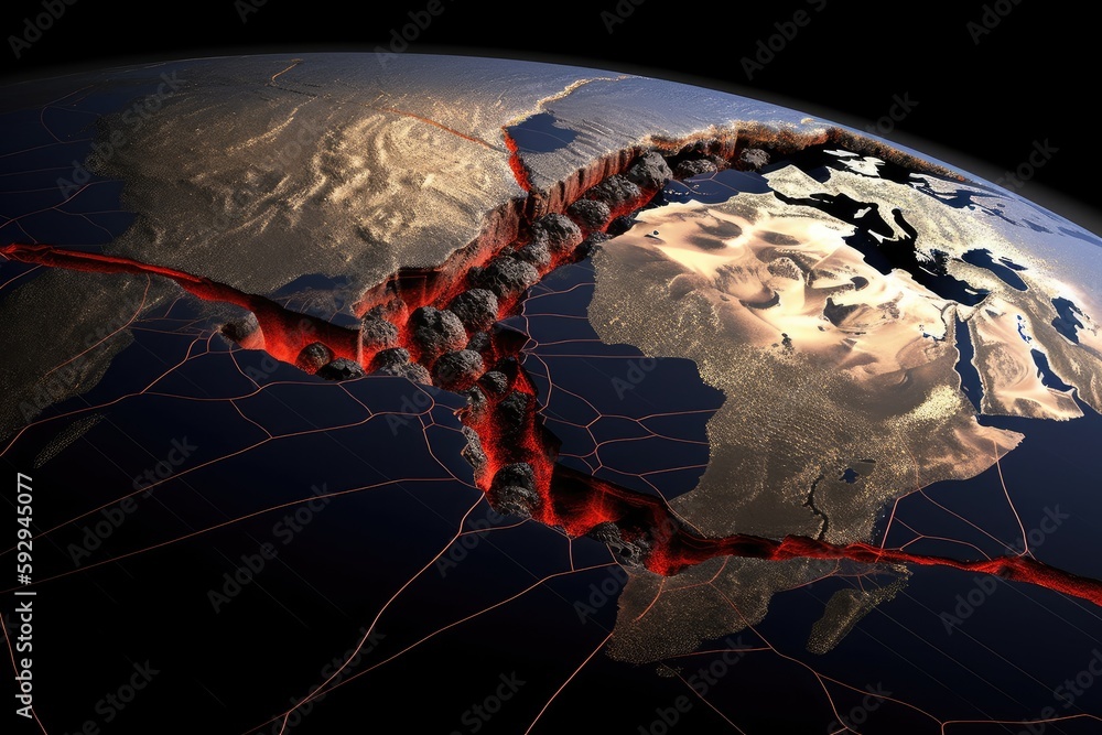 fault line, with plates of earth in motion and shaking, creating ...
