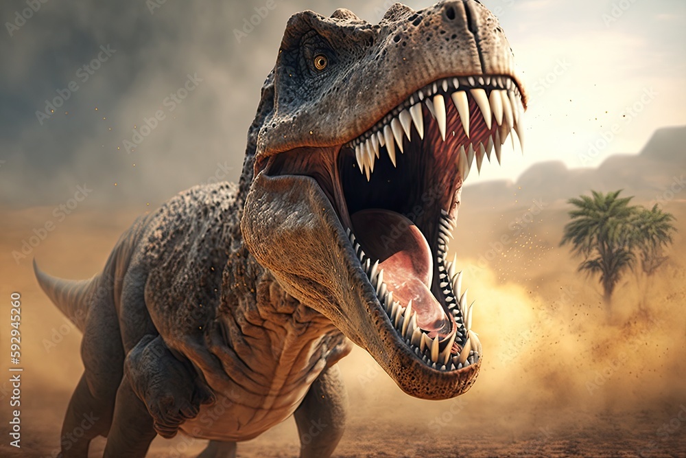 t-rex roaring in the savannah, with its mouth open and teeth on display ...