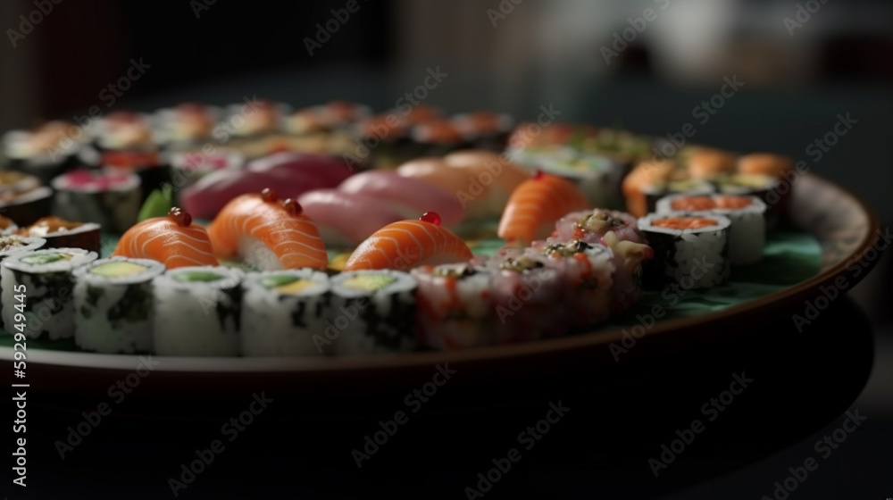 The side angle of the sushi plate captures the depth and dimensionality ...