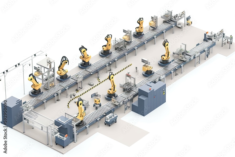 robotic assembly line with multiple stages of production, from raw ...