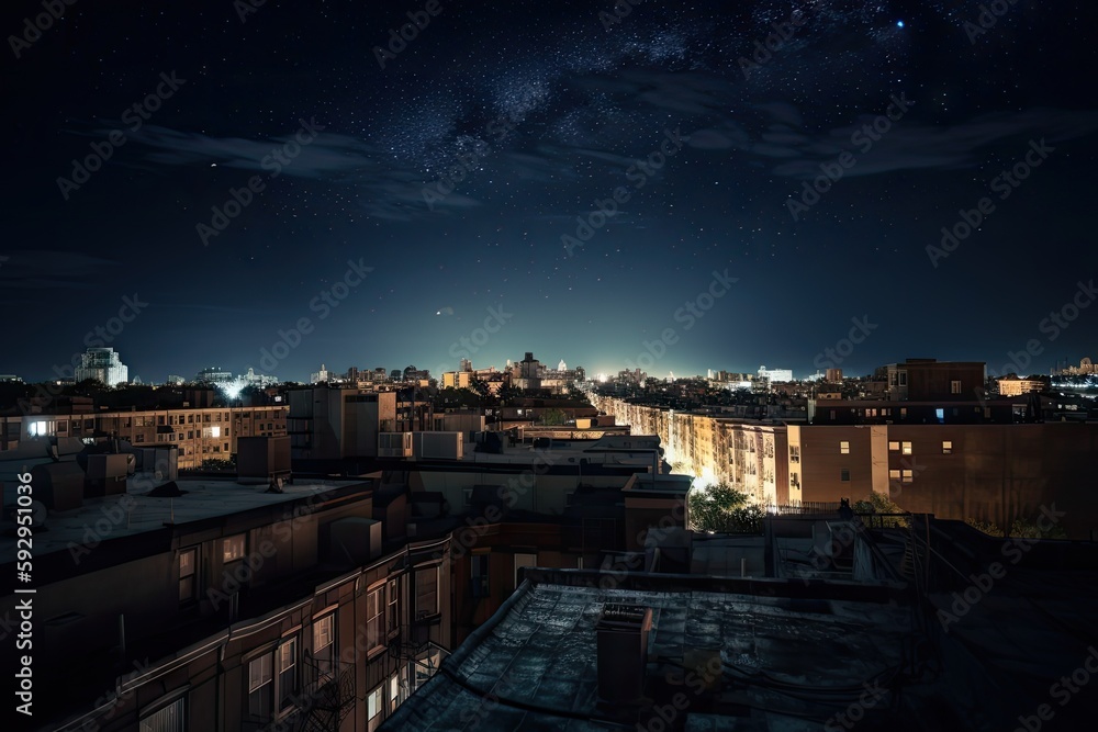 rooftop view of night sky, with stars shining brightly and the moon ...