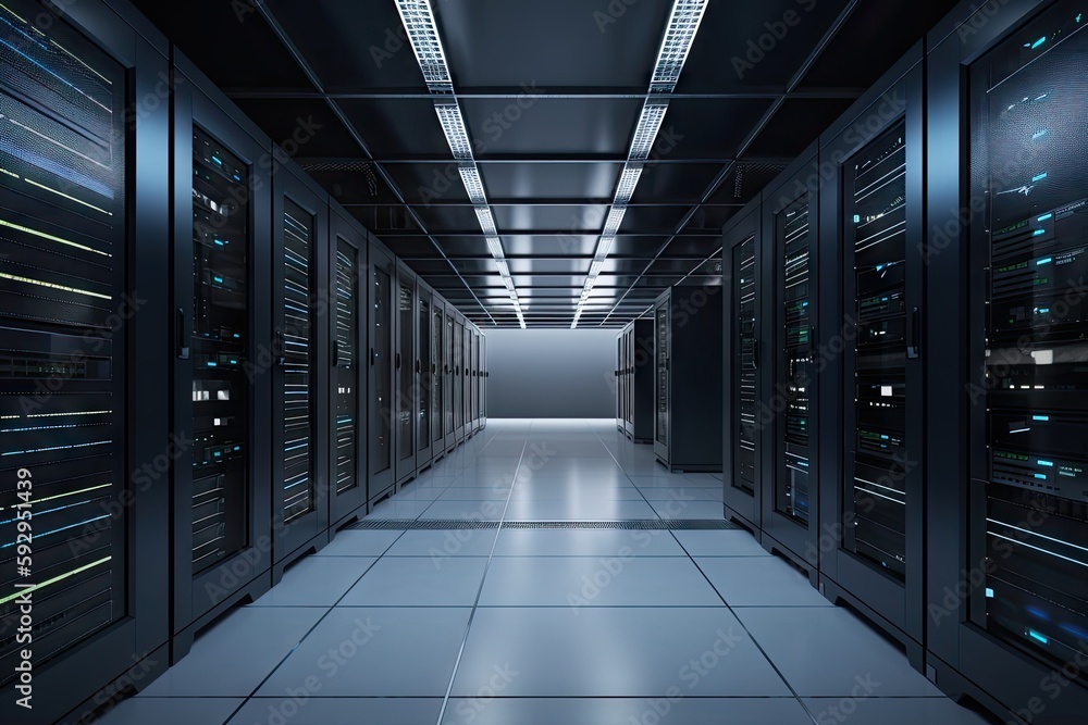 data center, with rows of servers and storage devices visible, created ...