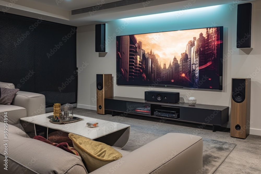 state-of-the-art home entertainment system, with large flat screen tv ...