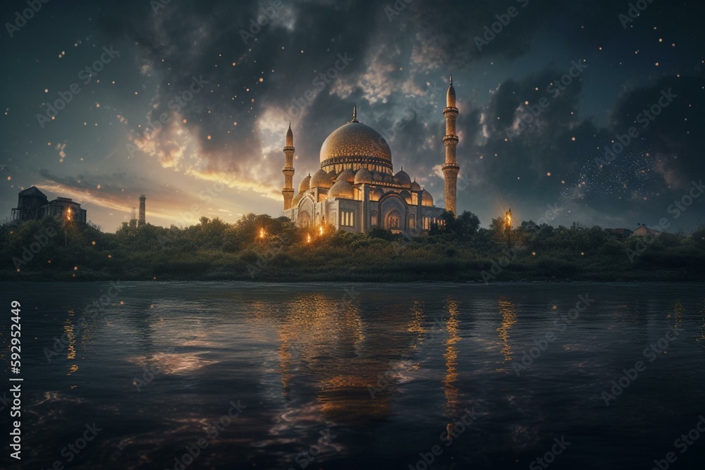 An elegant golden mosque floating above the clouds and a river running ...