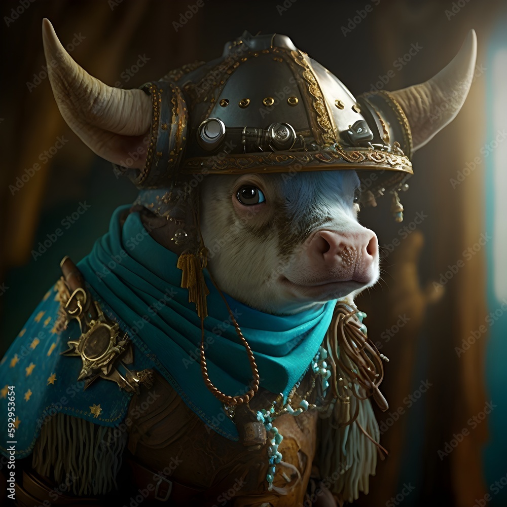 Pixar Style Tiny cute and adorable cow adventurer dressed in fantasy ...