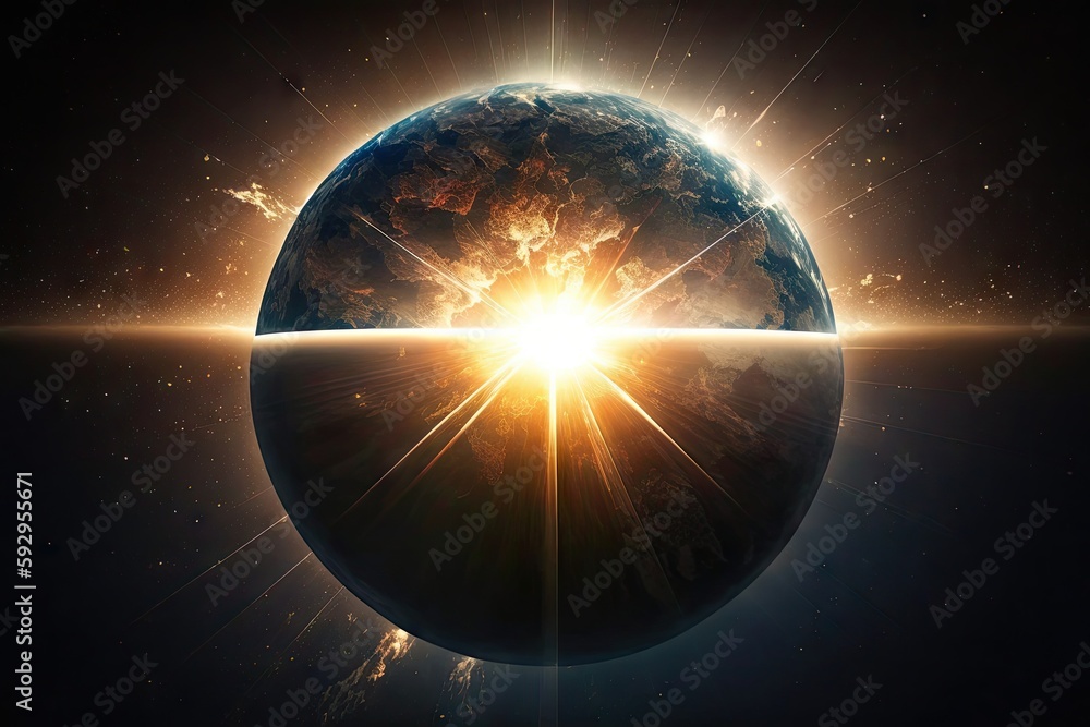 a sun rising over a globe, with rays of light spreading out across the ...
