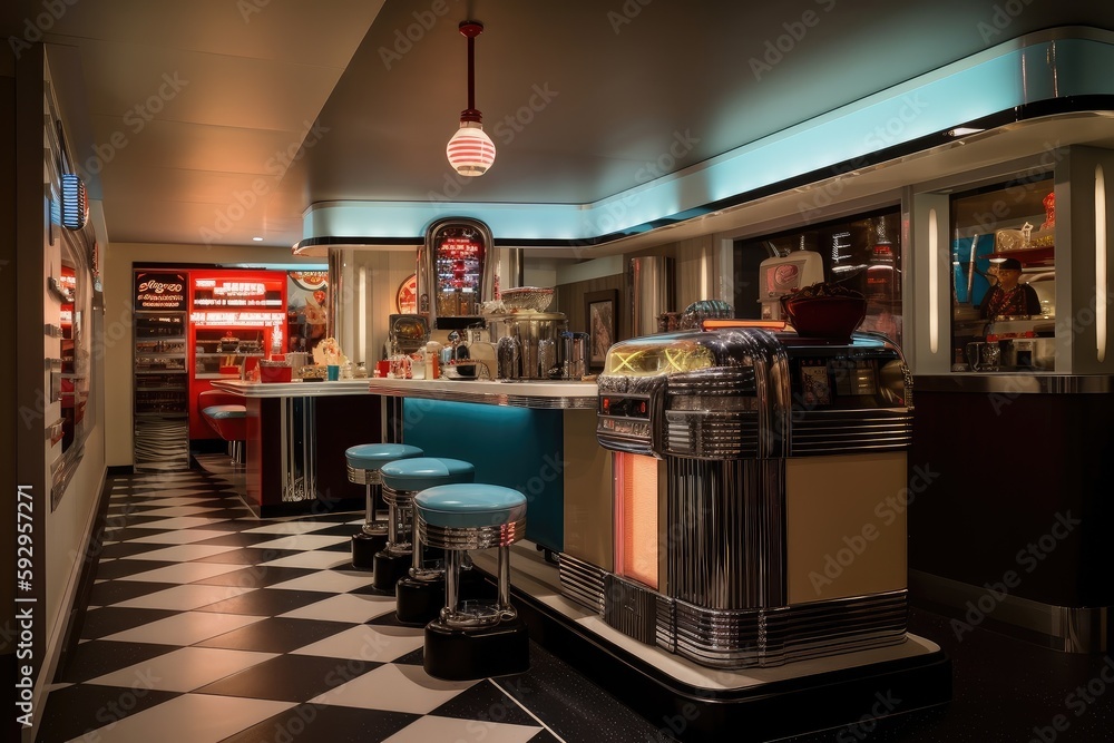 fast-food restaurant with 1950s diner theme, jukebox playing in the ...