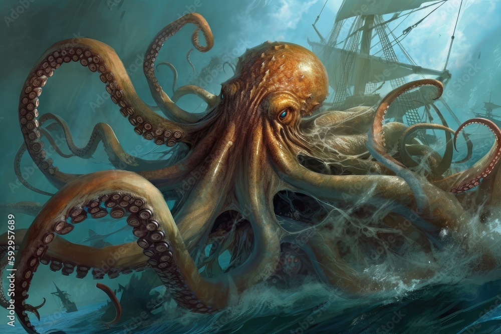 octopus kraken using tentacles to battle giant squid, created with ...