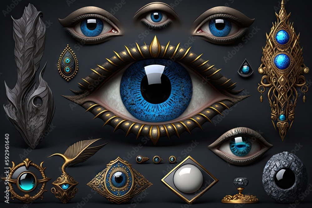 collection of evil eyes in various forms, including stone sculptures ...