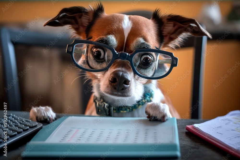 Cute Dog wear glasses sit at table is working and verify document ...