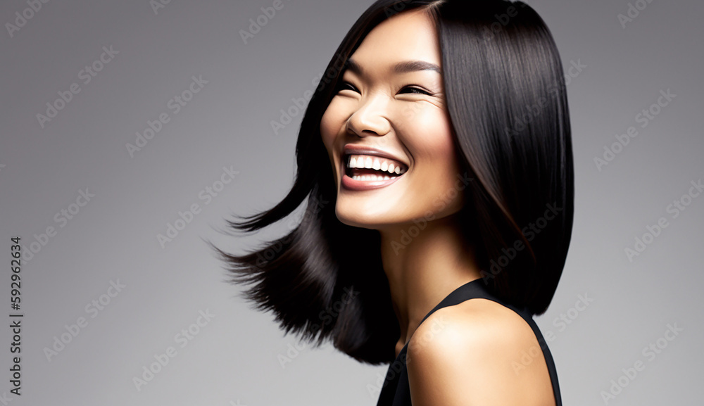 portrait of Asian supermodel silky straight hair extensions with a side ...