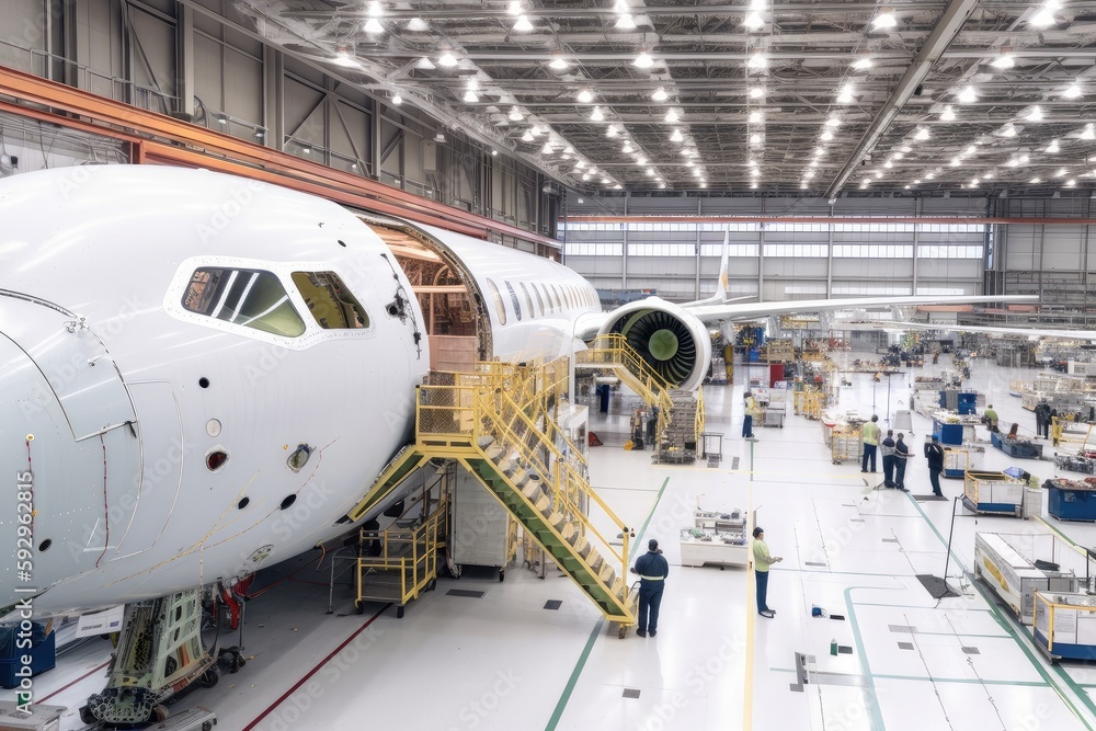 aircraft manufacturing plant, with team of engineers and technicians ...