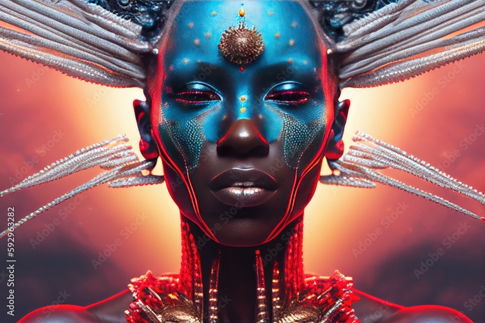 Futuristic beautiful African black warrior woman android robot. Tribal ...
