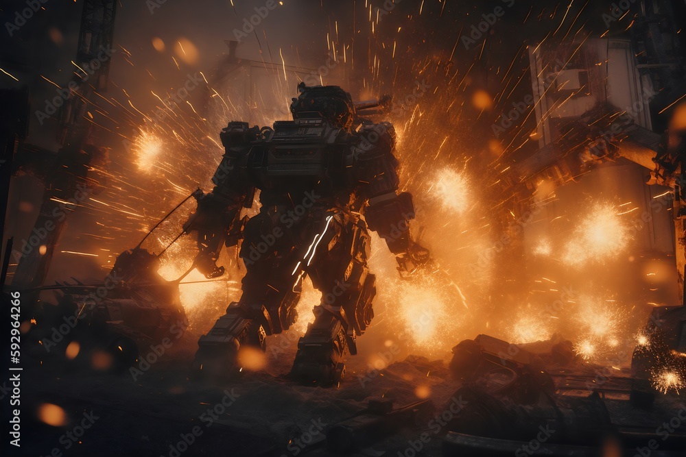 An intense battle scene between two rival mech armies, set ablaze with ...