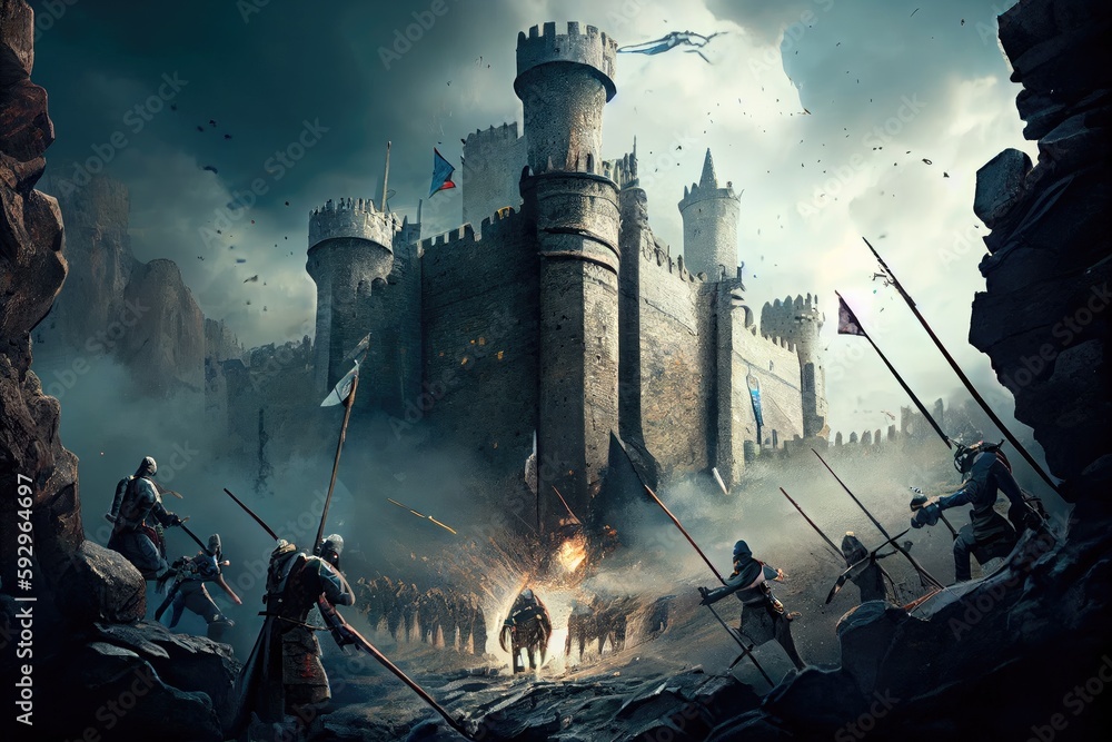 castle under siege, with soldiers hurling arrows and rocks at the ...