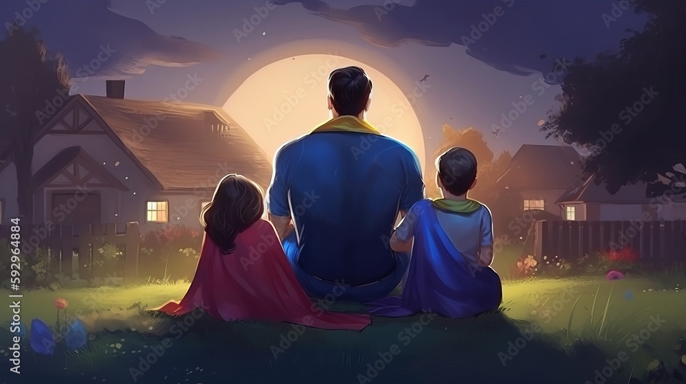 Father's Day illustration - Back view of father sitting with his ...