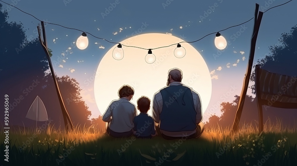 Father's Day illustration - Back view of father sitting with his ...