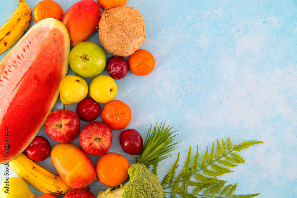 Healthy organic food background. Studio photo of different fruits ...