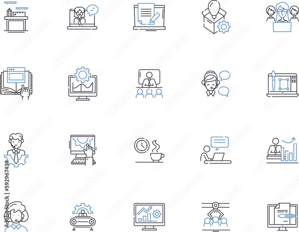 Working outline icons collection. Employing, Occupying, Laboring, Functioning, Earning ...