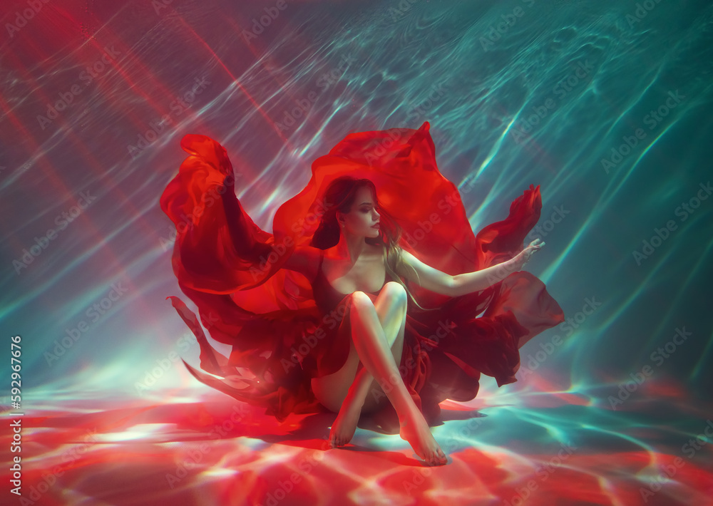 Foto Stock Calm relaxation meditation concept. Sexy fashion model Fantasy woman sitting under ...