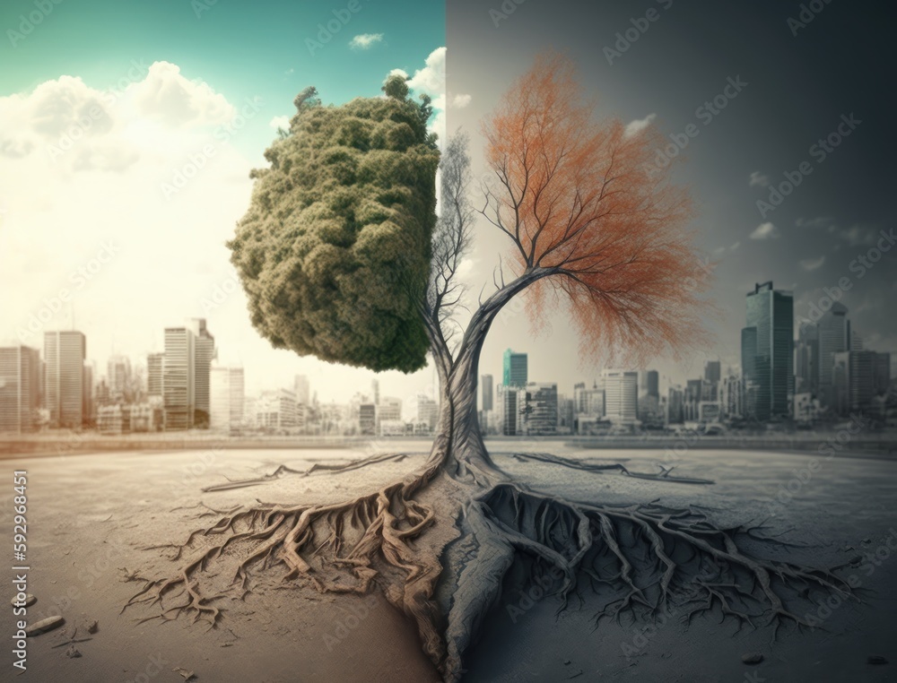 Half alive and half dead tree standing at the crossroad against the ...