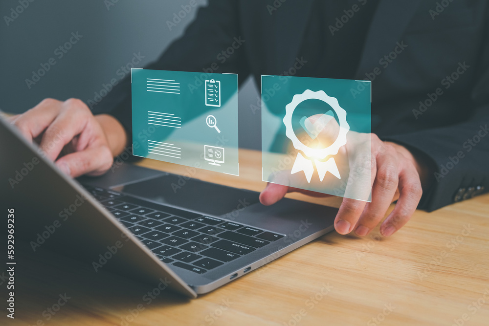 Male hand showing Top Service sign, service satisfaction 5-star quality ...