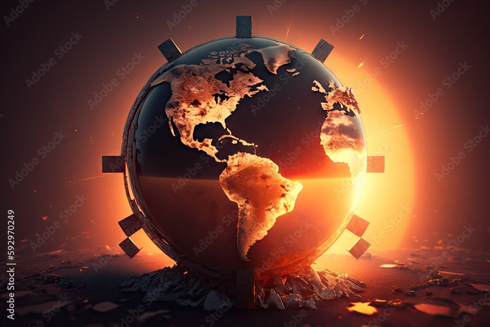 a dramatic sunrise over a world map, with the sun emerging from behind ...