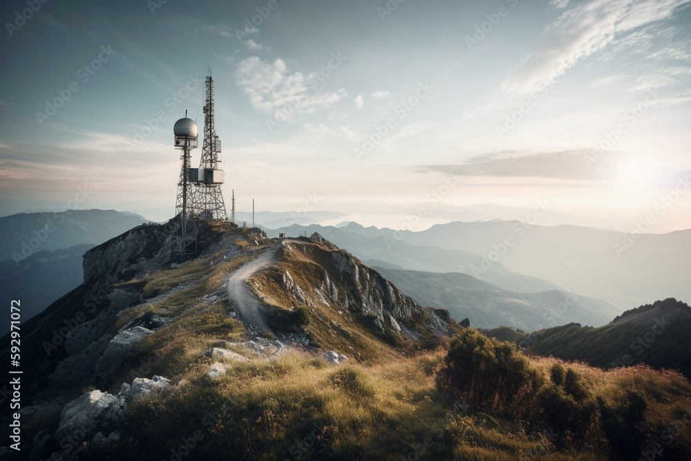Along the mountain ridges, there is a communications tower complete ...