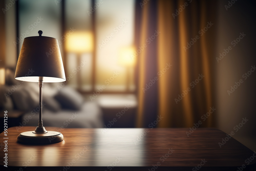 Table-top view of beside table or nightstand on blurred cozy night ...