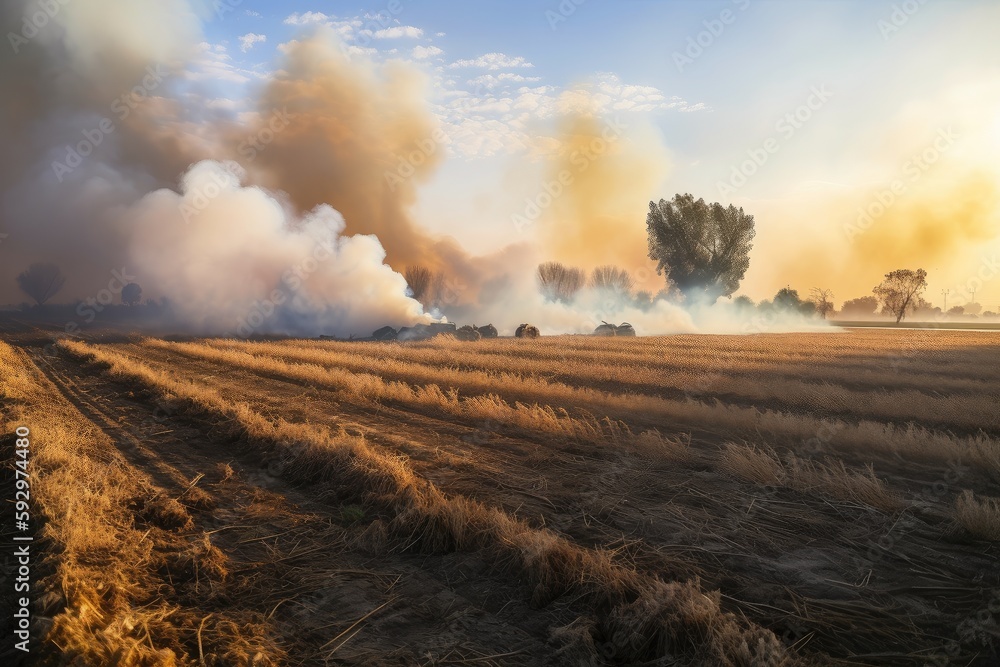 smoke rising from a field of burning crops during drought, created with ...