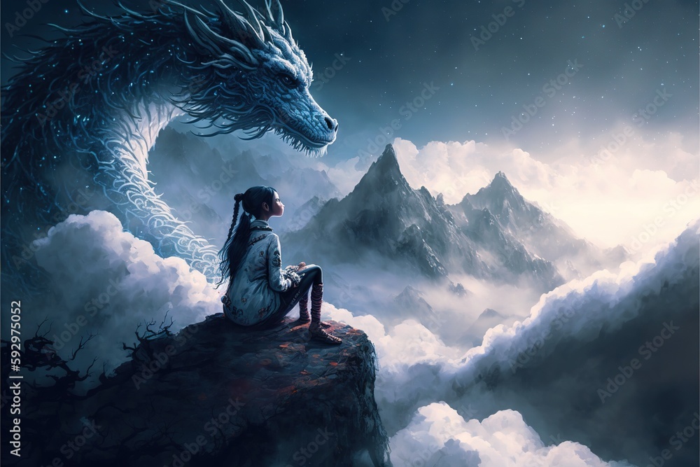 Chinese girl sitting on top of mountain above the cloud with her dragon ...