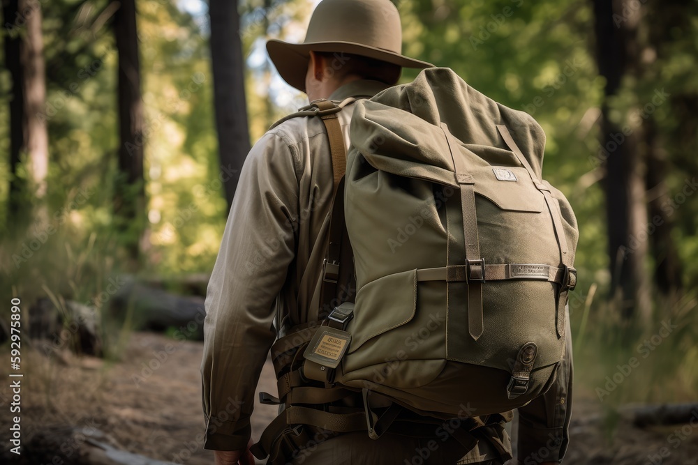 military backpack being worn by park ranger, ready to explore the ...