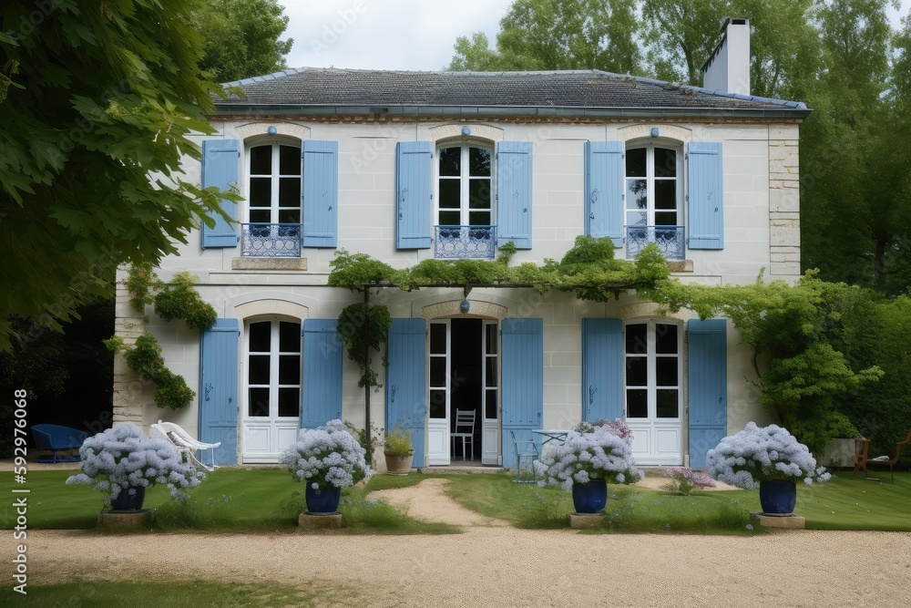 classic blue shutters and white exterior of french country house ...