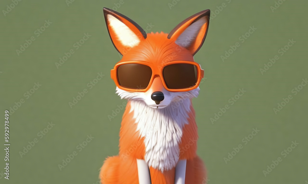 Cute and smiling orange fox in sunglasses. For posters and backgrounds ...
