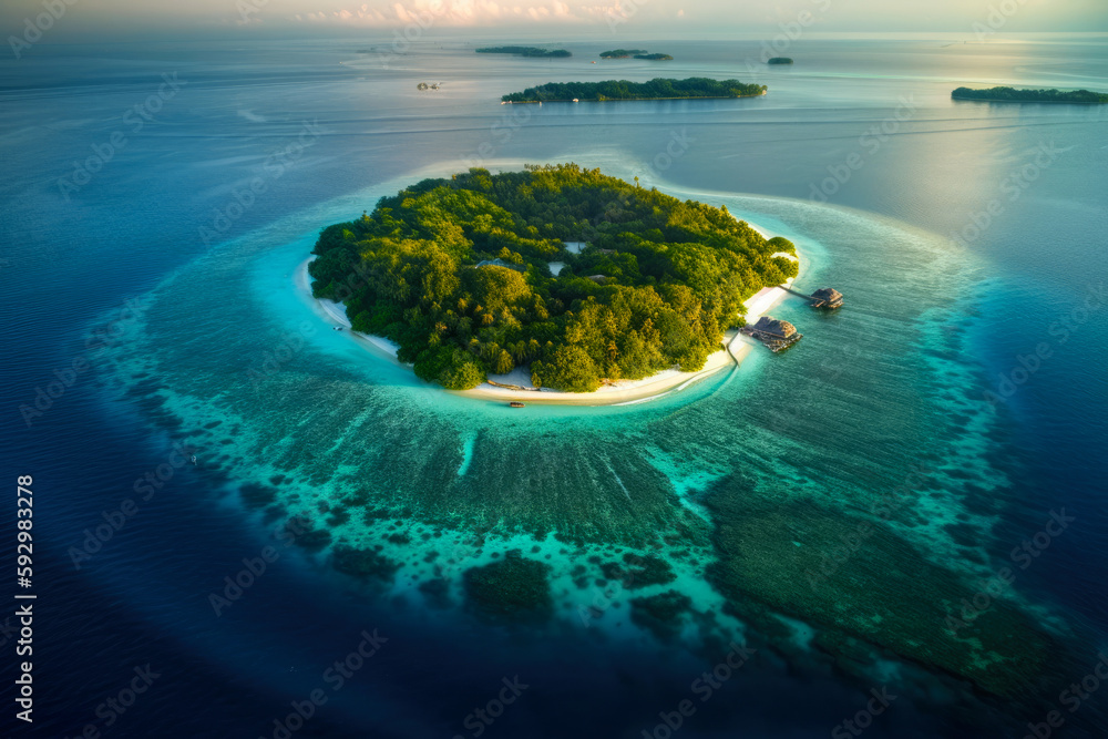 Maldives island in the Ocean. Aerial view of beautiful island. Top view ...