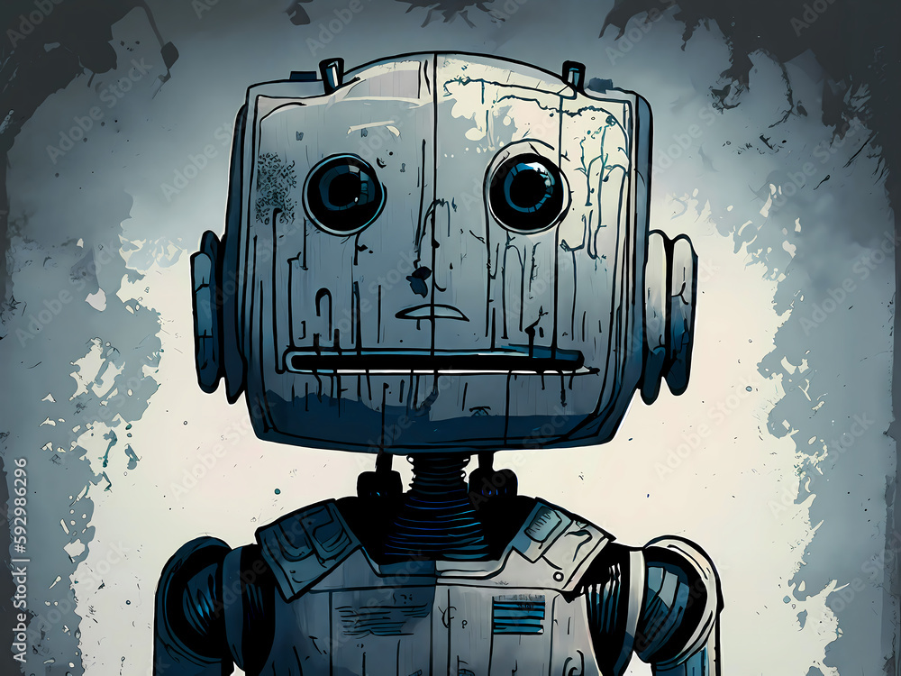 Sad depressive lonely looking worn out robot. Futuristic science ...