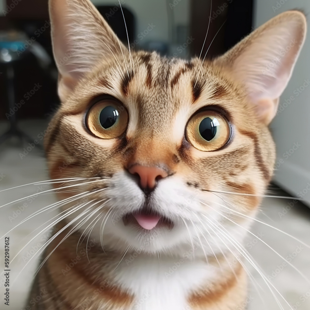 Funny cat with big expressive eyes and attentive gaze in the room close ...