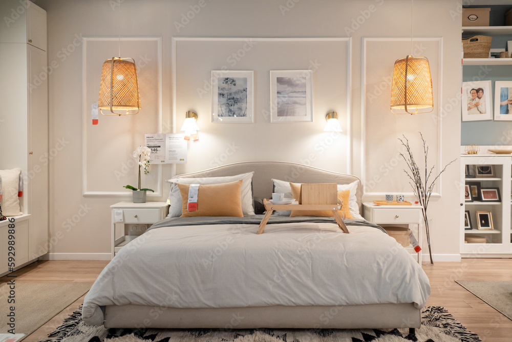 PENANG, MALAYSIA - APR 13, 2023: Cozy Scandinavien style bedroom ...