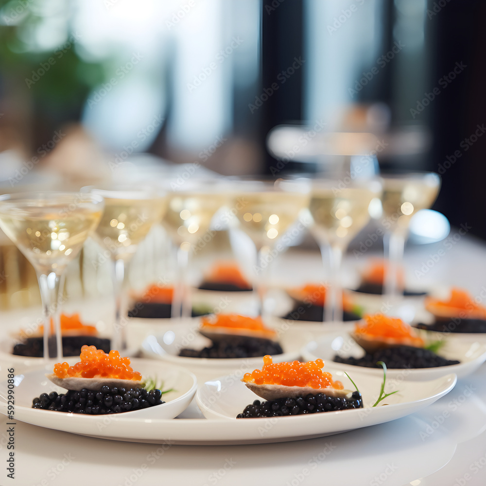 Serving tray with shells with red and black caviar and champagne ...
