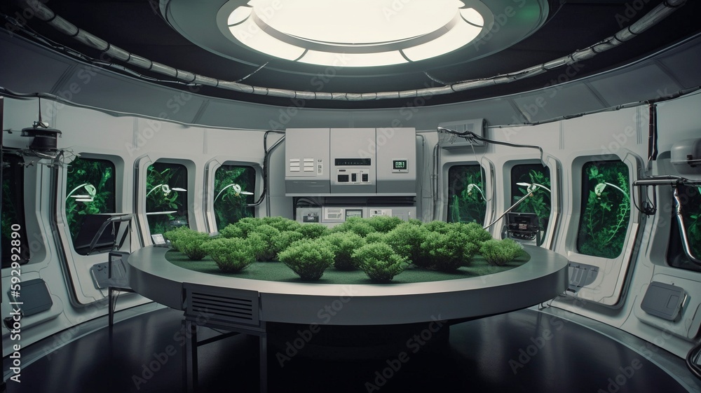 Hydroponics Lab chamber aboard a spaceship with an empty round podium ...