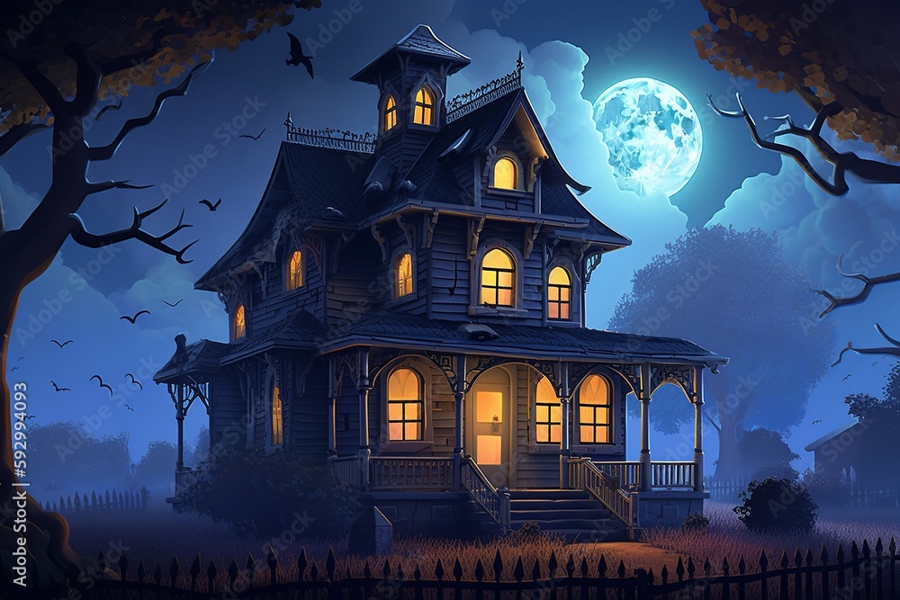 Haunted house on immersive 3D background for spine-chilling Halloween ...
