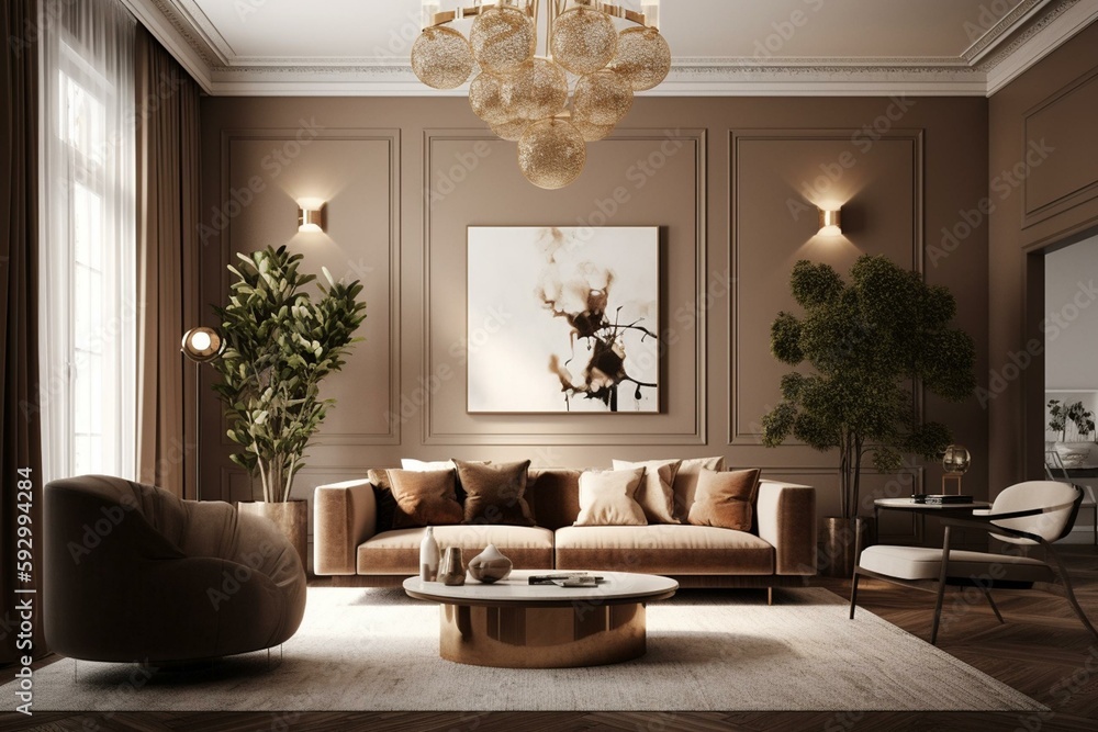 Luxury living room in brown beige colors. Ivory empty walls, warm tone ...