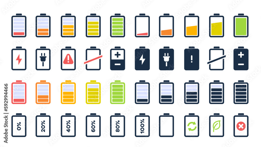 Vetor de Set of battery charge indicator icons, Battery icons, Charging ... Vetor de Set of battery charge indicator icons, Battery icons, Charging ...
