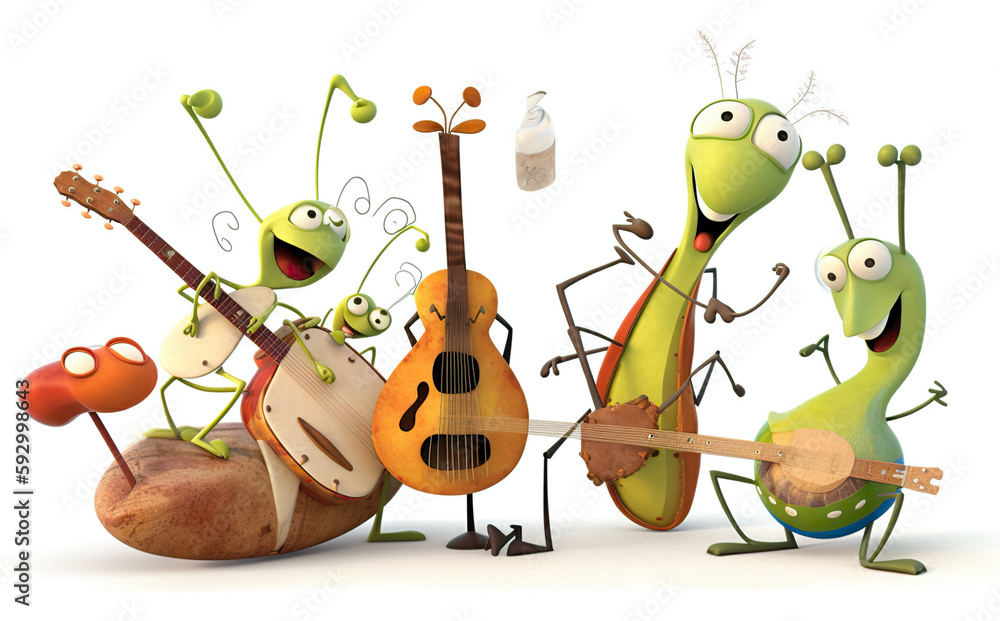 Happy and joyful insects playing musical instruments. Cartoon ...