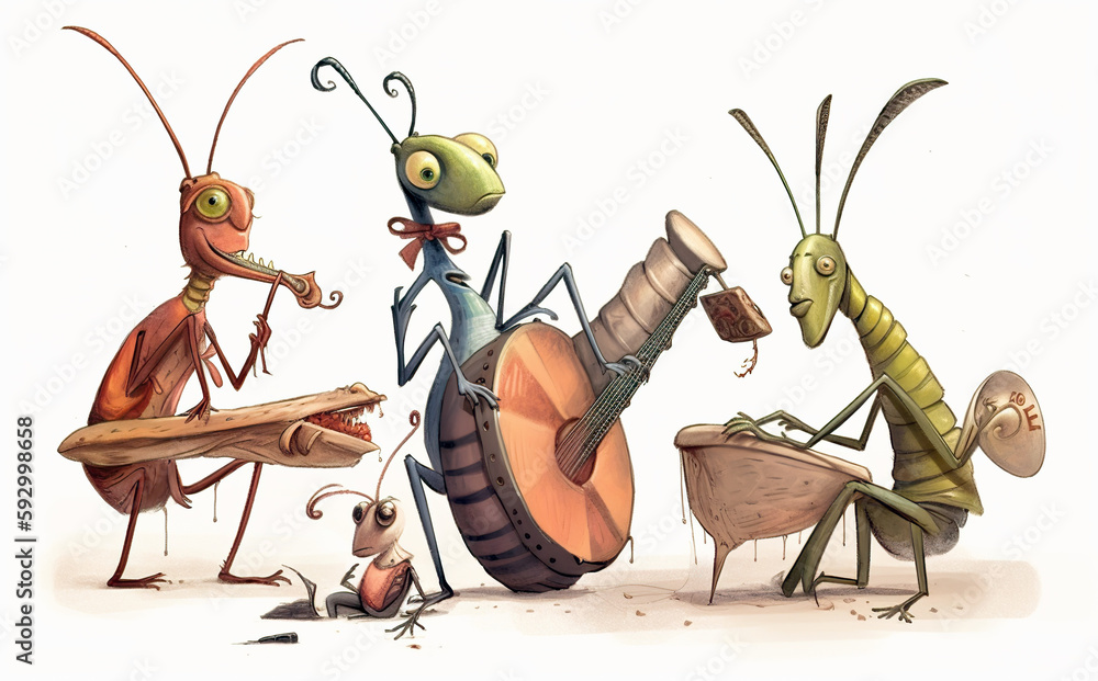 Happy and joyful insects playing musical instruments. Cartoon ...