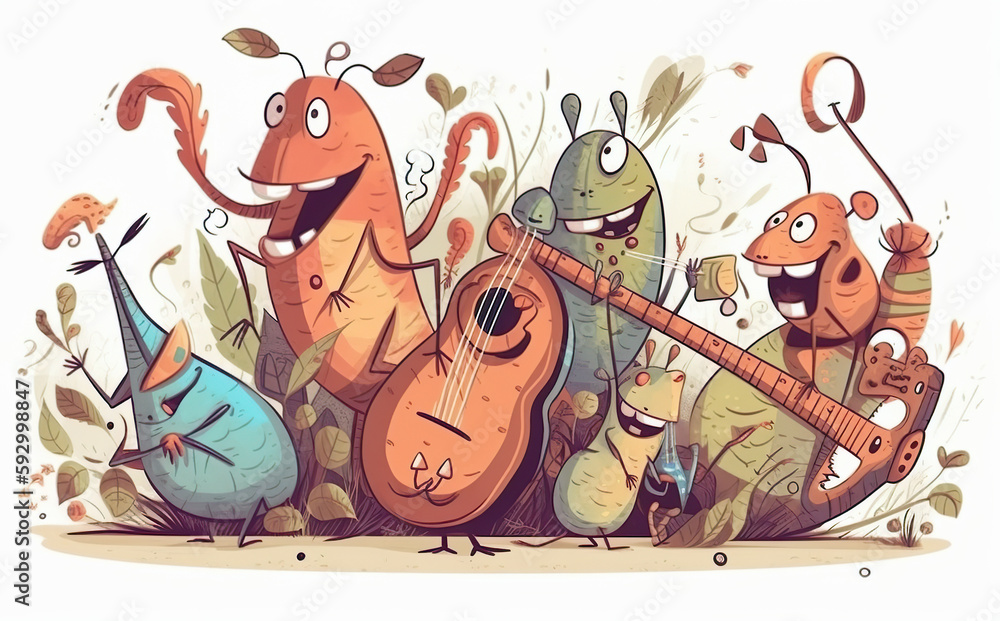 Happy and joyful insects playing musical instruments. Cartoon ...