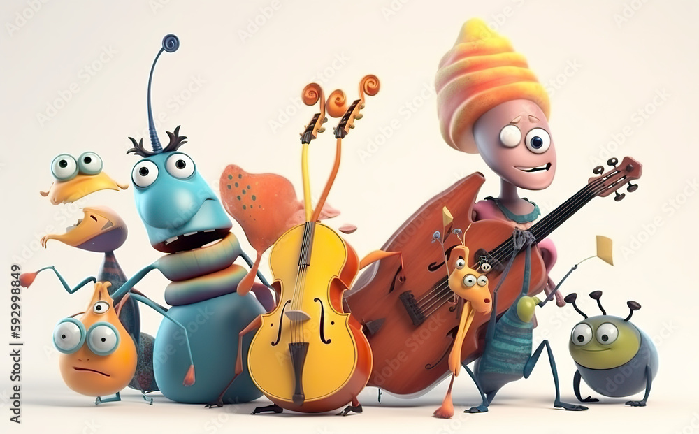 Happy and joyful insects playing musical instruments. Cartoon ...